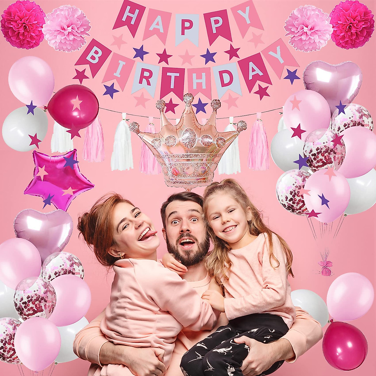 NANINUNENO Sweet Pink Birthday Decorations for Girls Teens Women, Pink and White Happy Birthday Balloons for Women，Birthday Party Decorations for Daughter Her Kids Including Pink Happy Birthday