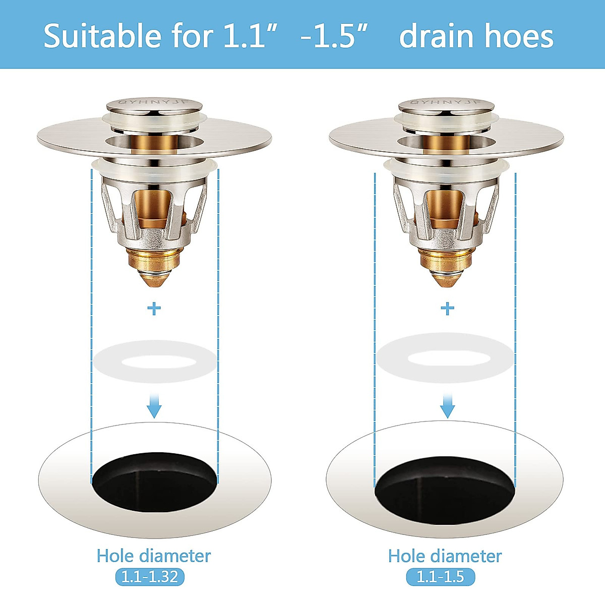 Bathroom Sink Stoppers Brushed Nickel，Pop Up Drain Stopper for Bathroom Sink，‎2-in-1 Sink Stopper & Strainer,Universal Wash Basin Sink Stopper，for 1.1"~1.5" Bathroom Sink Drain Pipe（Brushed Nickel）