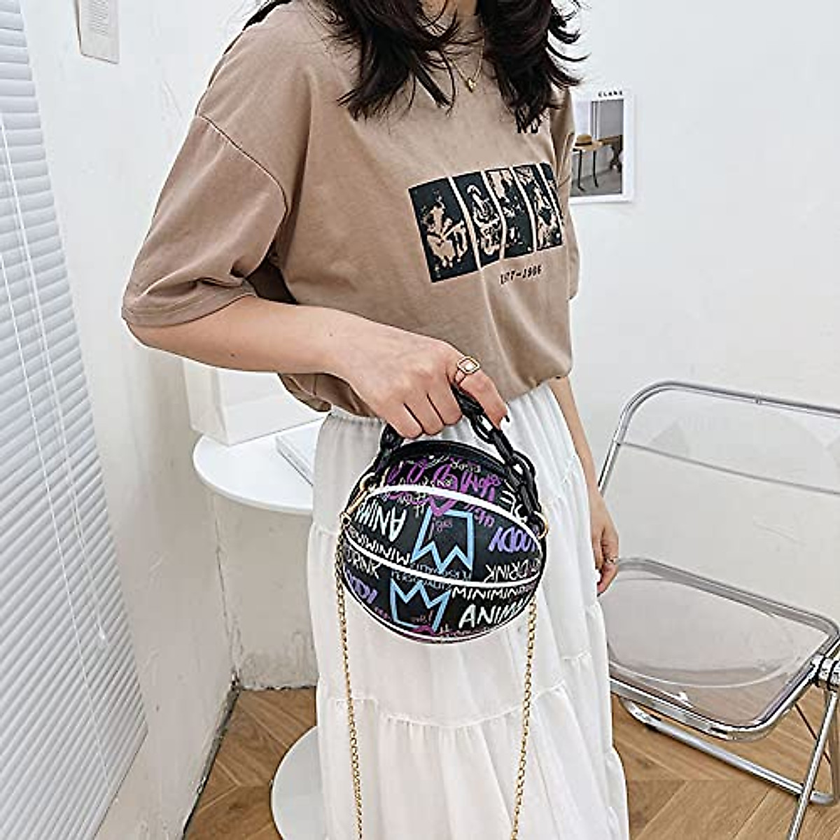 Basketball Shaped Purse Shoulder Bags, Round Graffiti PU Crossbody Bag for Women