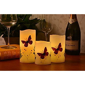 UNIVELA Candles Set of 3 Flameless 4" 5" 6" Unscented Tealight Butterfly Flower Plants Decor Real Wax Pillar Candle LED Lights 12 Color Changing 4H 8H Timer Remote Control AAA Batteries Operated