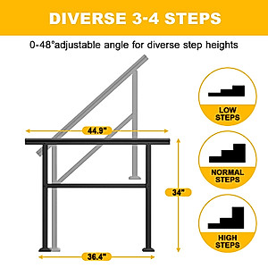 SPACEEUP Stair Handrail,44X34.8" Handrails for Outdoor Steps Fit 0 to 4 Steps Transitional Handrail with Installation Kit Handrail for Stairs Outdoor Aluminum and iron Stair Railing,Matte Black