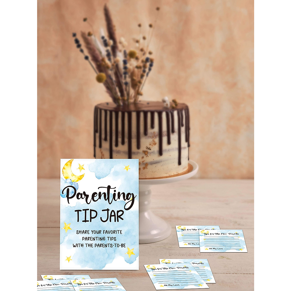 Baby Shower Games, Parenting Tip Jar Party Games(1 Standing Sign + 20 Advice Cards), Moon and Stars Advice Cards for New Parents, Sleepover Theme Baby Shower/Gender Reveal Party Favor Decor(A05)
