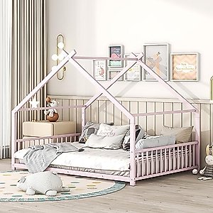 HANLIVES Full House Bed for Kids, Metal Floor Bed Frame Full with Headboard and Footboard, Full Kids Bed Floor Bed for Toddlers, Girls, Boys(Pink)