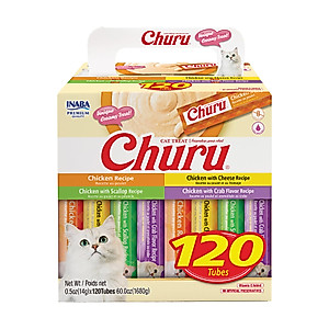INABA Churu Cat Treats, Lickable, Squeezable Creamy Purée with Vitamin E, 0.5 Ounces per Tube, 120 Tubes Total, Chicken Variety