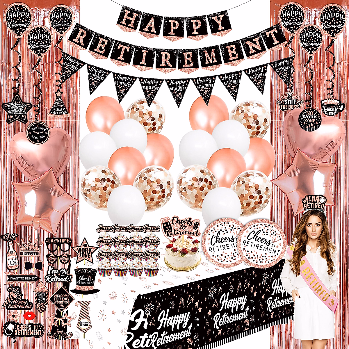 Happy Retirement Party Decorations women - (80pack) rose gold party Banner, Pennant,Hanging Swirl,birthday balloons,Foil Backdrops,Tablecloths,cupcake Topper,Crown, plates,Photo Props,retired Sash