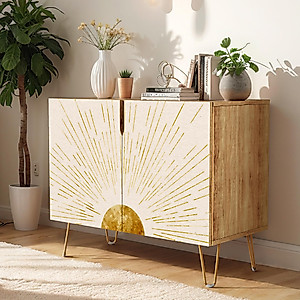 SIGNWIN Sideboard Buffet Cabinet, Kitchen Storage Cabinet with 2 Doors, Golden Rising Shining Sun Horizon, Cupboard Console Table for Dining Room - 35" L x 18" W x 29" H