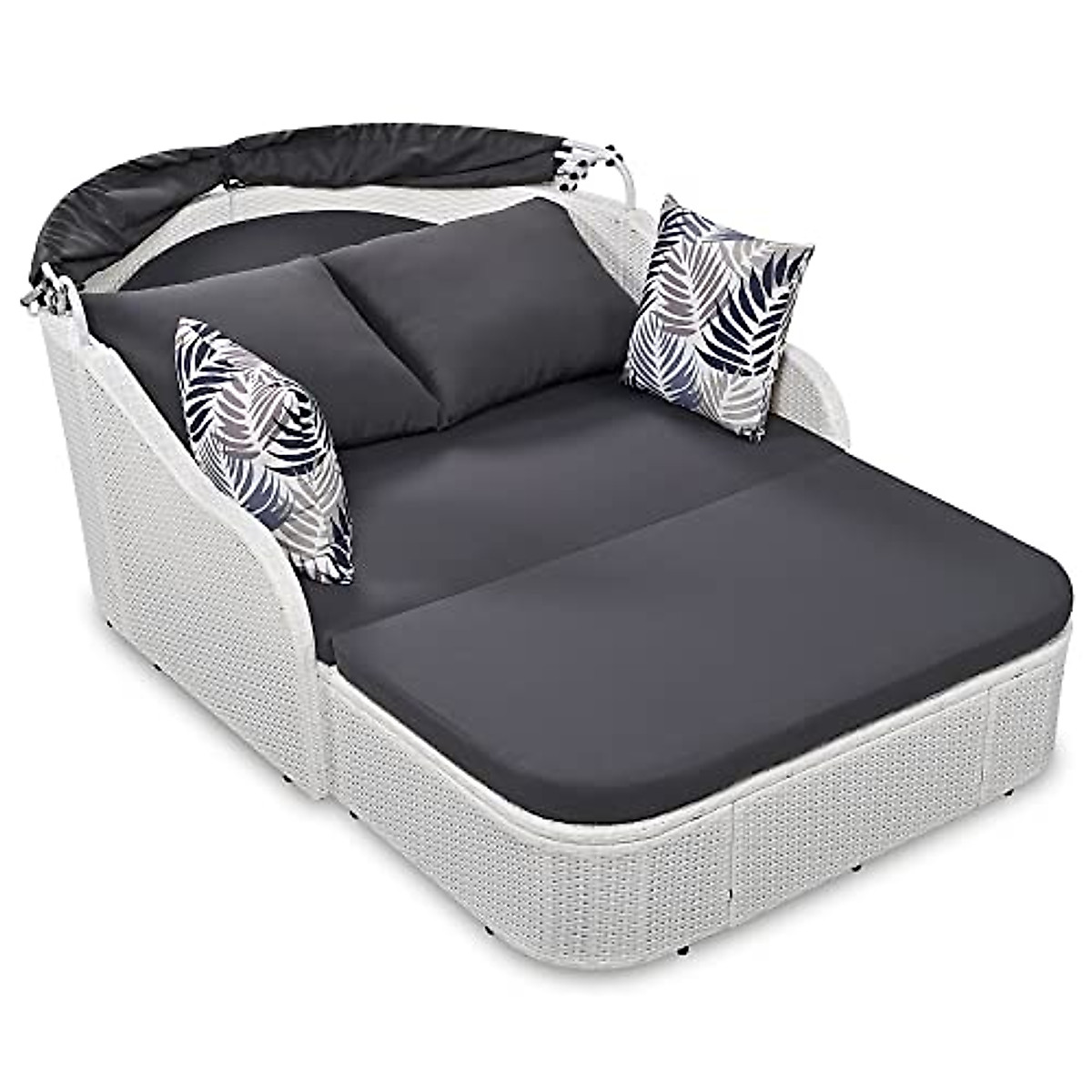 XYFDDWM 79.9" Outdoor Sunbed with Adjustable Canopy, Double Lounge, PE Rattan Daybed, White Wicker, Gray Cushion (White)
