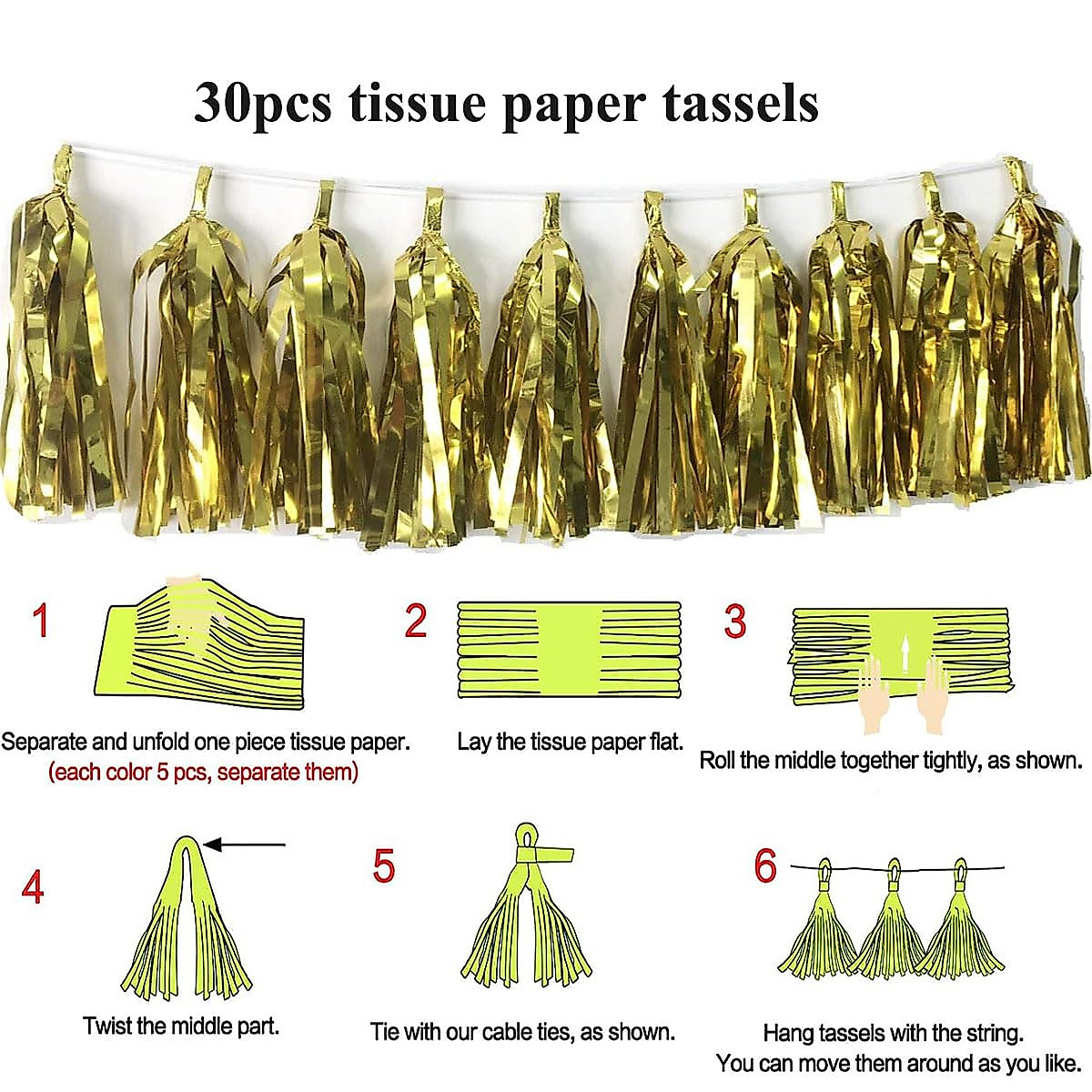 30pcs Paper Tassels Garland Banner Tissue Paper Tassel DIY Hanging Paper Decorations Party Tassel Garland Decor Baby Shower Nursery Wedding Festival Baby Shower Decoration(30, Gold)