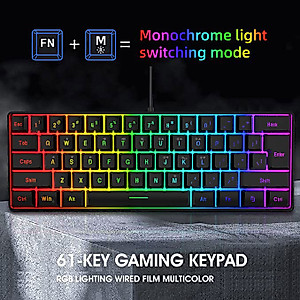 DGG K60 61 Keys RGB Backlit 60% Wired Gaming Keyboard, Ergonomic Waterproof Mini Compact 60 Percent Mechanical Feeling Keyboard, for PC Mac PS4 Xbox Gamer, Typist, Travel