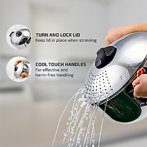 Ovente 4.8 Quart Stovetop Stainless Steel Pasta Pot with Strainer Lid & Locking Feature, Easy Storage and Pour Safe with Cool Touch Handles Perfect for Cooking Noodle Veggie or Sauce, Silver CW15131S