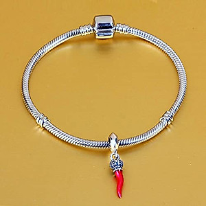 Red Italian Horn Charm Pendant, 925 Sterling Silver Italy Corno Chili Pepper Dangling Bead, Fit Pandora Style Bracelet Necklace, Lucky Gift for Valentines Day/Mum/Dad