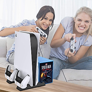 BEJOY Multifunctional Vertical Stand with Dual Cooling Fans for PS5 Console, 3-Level Rotate Fans Speed, Dual Type-C PS5 Charging Station with Gaming Headset Holder, 11 Games Boxes Storage, Black