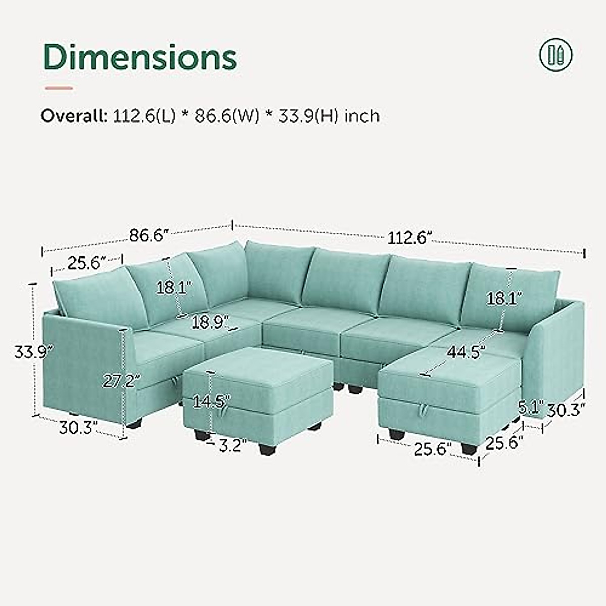 HONBAY Reversible Sectional Sofa Modular Couch U Shaped Sectional Sleeper Sofa with Storage Seats Oversized Sectional Sofa with Wide Chaise for Living Room, Aqua Blue