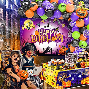 Halloween Birthday Party Decorations, Halloween Themed Birthday Party Decorations with Purple Orange Balloons Garland Happy Birthday Backdrop Tablecloth Spider Web for Halloween Boo Day Decorations