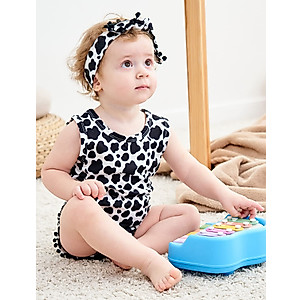 Ahegao Infant Girls Cow Print Rompers for Toddlers Cute Black and White Dots Bodysuits Crewneck Buttons Snap Design Jumpsuits with Tassel Kids Boy Casual Sleeveless Outfits Lovely Clothes, 3-6 Months