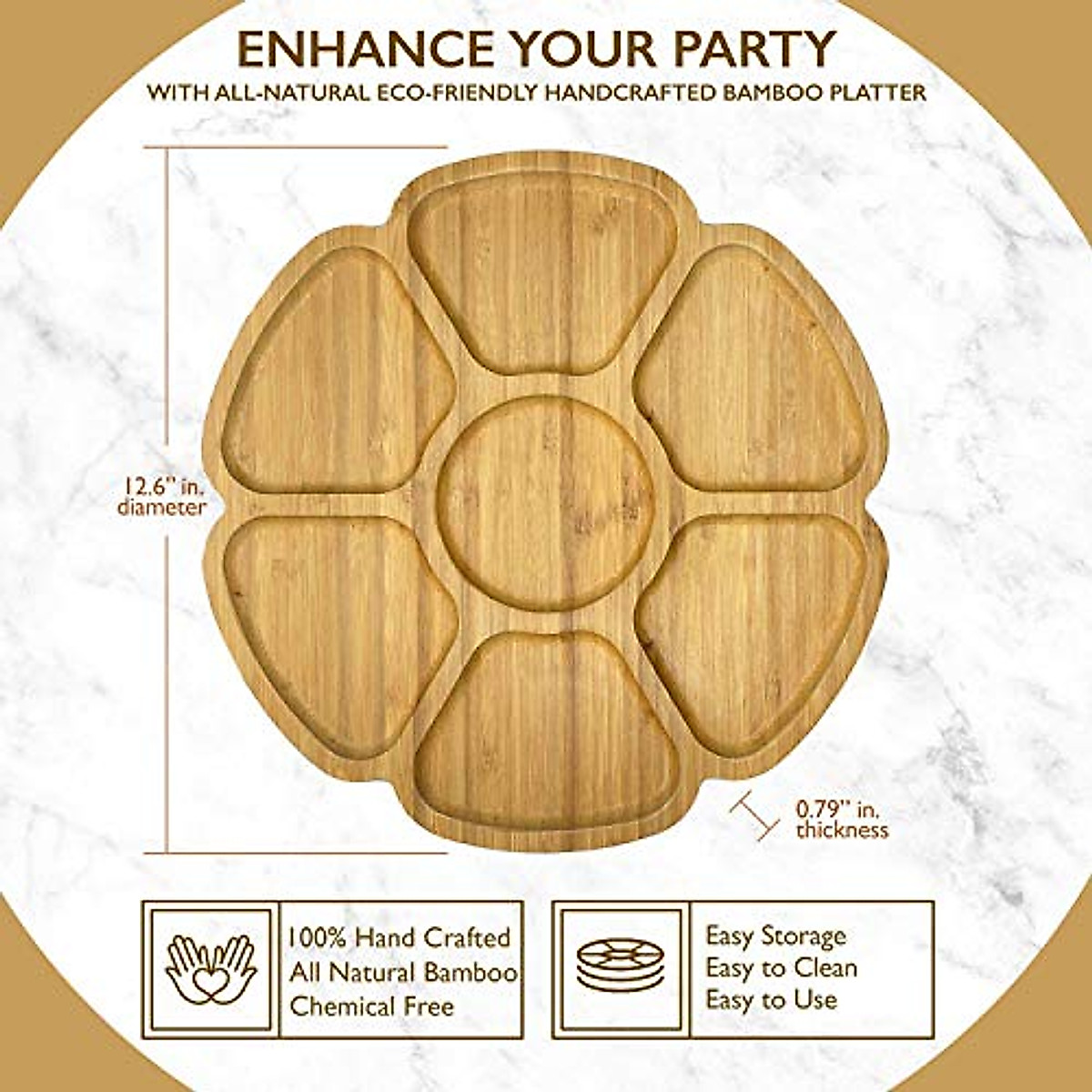 12.6 Inches Premium Bamboo Kitchen Serving Tray – 100% Handmade Crafted Platter – for Parties, Dinners, Holidays – New Sleek Design – Eco-Friendly All-Natural Vegan Wooden Platter - Food Tray