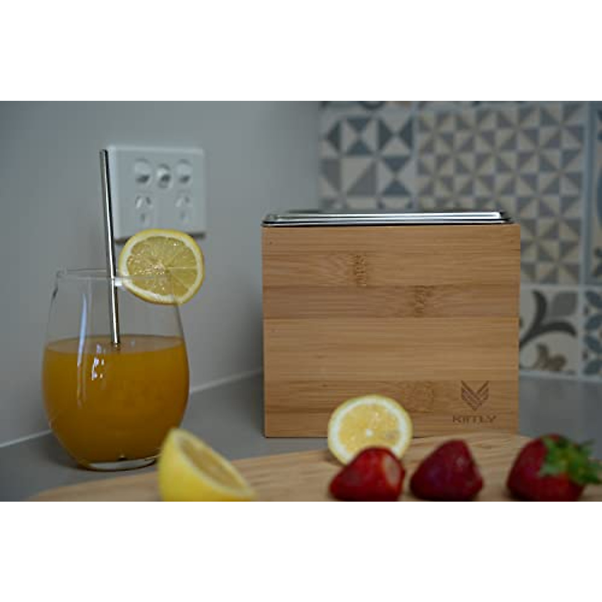 KIITLY | Countertop Compost Bin for Kitchen - Indoor Composter with Lid | Smell Proof, Odorless, and Stainless Steel Food Scrap Container with Wood Box (Bamboo, Small)