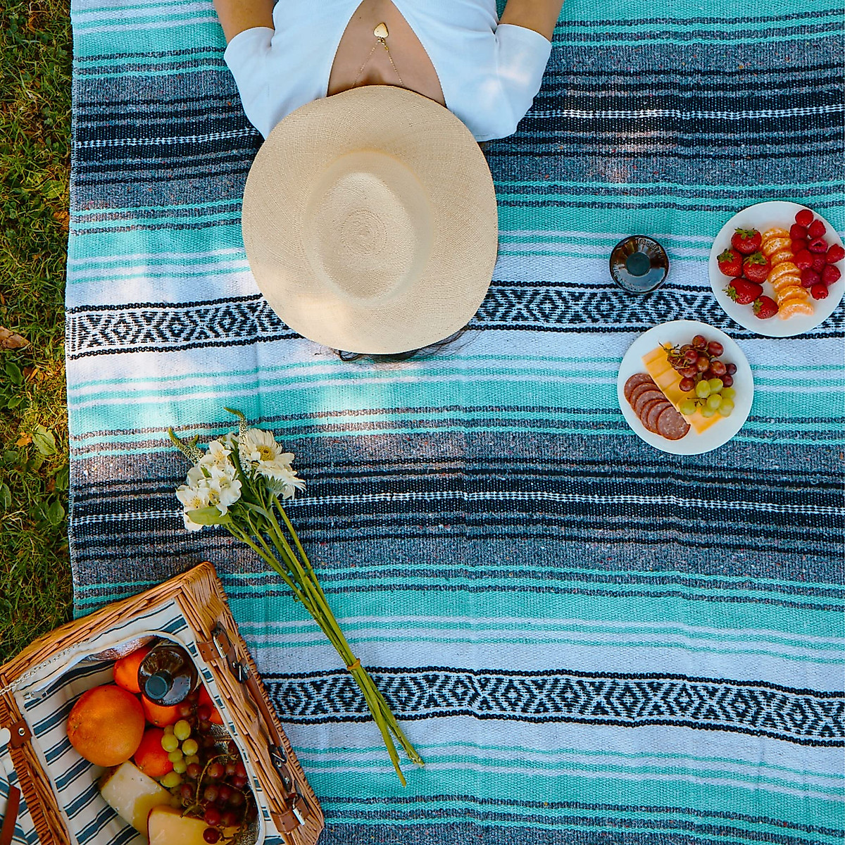 Benevolence LA Authentic Handwoven Mexican Blanket, Yoga Blanket - Perfect Outdoor Picnic Blanket, Camping Blanket, Equestrian Saddle Blanket, Serape Blanket 50x70 inches - Mint, Pack of 1