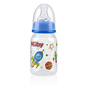 Nuby Printed Non-Drip Bottle, 4 Ounce, 1 Pack of 1 Bottle, Colors May Vary