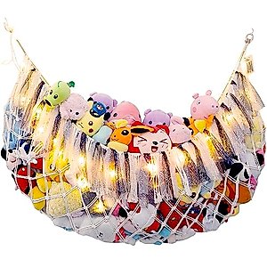 Large Stuffed Animal Net or Hammock with Light Wall Hanging Organizer for Kid Room Toy Storage Net Bedroom Playroom Plush Toy Holder-Cream