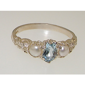 LetsBuyGold 925 Sterling Silver Natural Aquamarine & Cultured Pearl Womens Anniversary Ring - Size 10.5