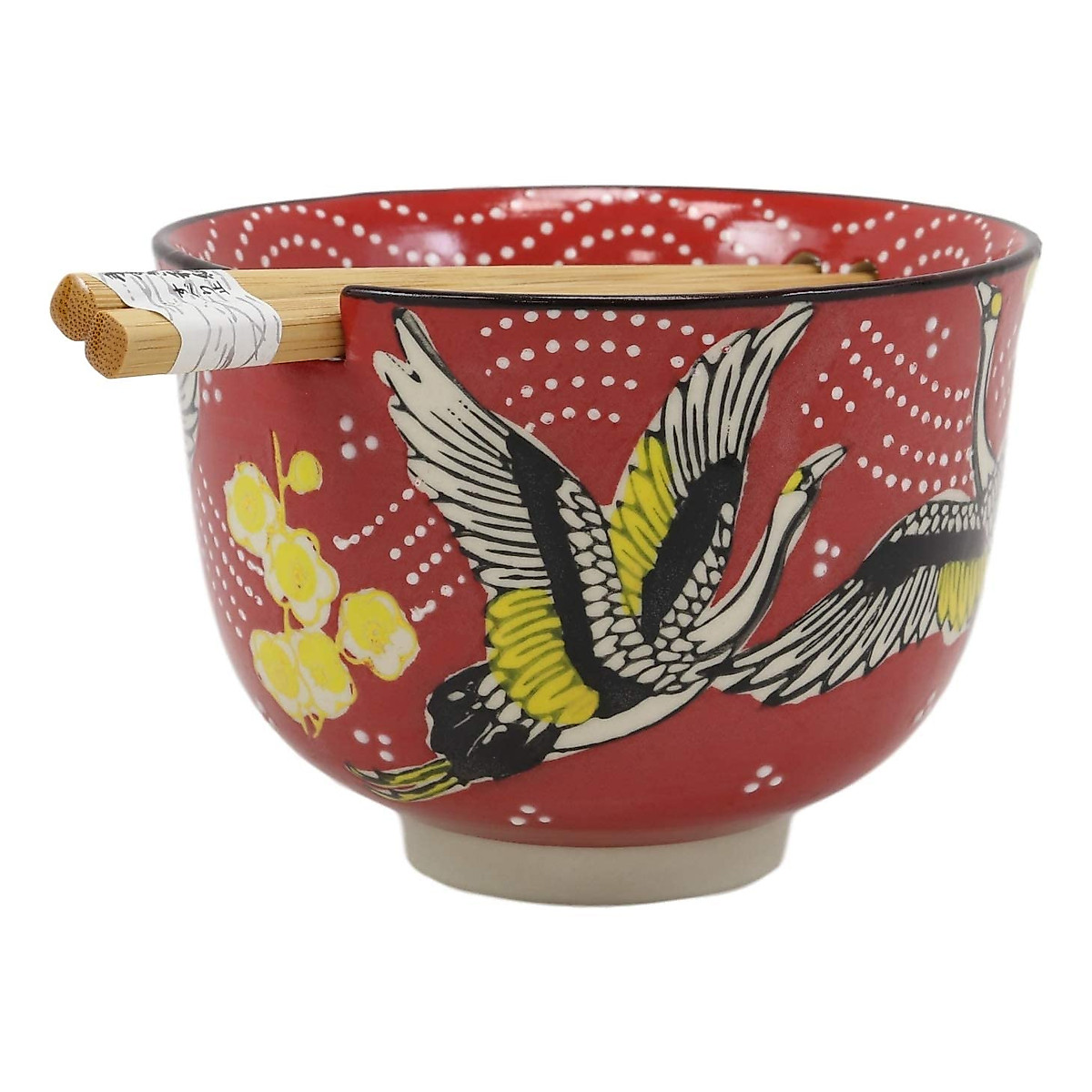 Ebros Gift Red Sky Flying Crane Ramen Udong Noodles 5" Diameter Bowl With Built In Chopsticks Rest and Bamboo Chopstick Set for Dining Soup Rice Meal Cereal Bowls Decor Kitchen Asian Fusion