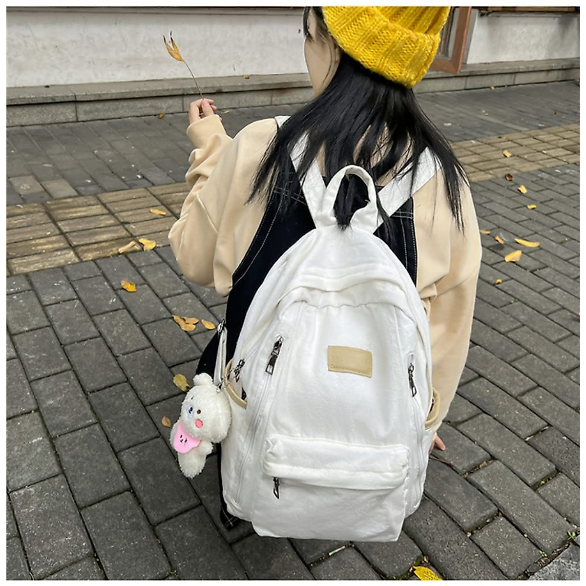 CHERSE Aesthetic Kawaii Backpack to school large capacity Lovely Aesthetic Student canvas Bookbags with accessories (White)