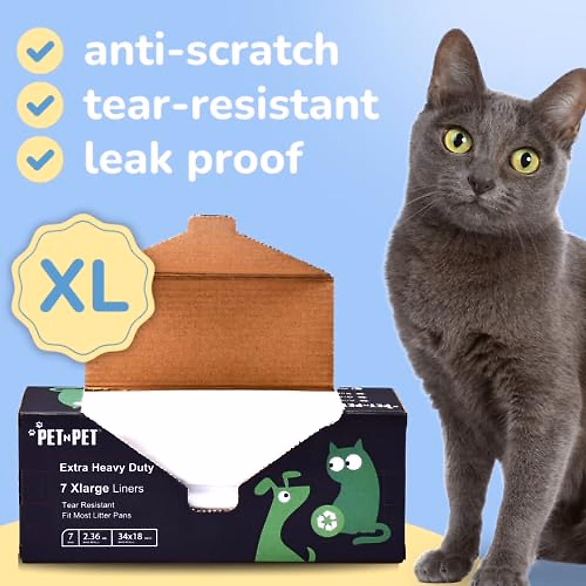 PET N PET Extra Large Cat Litter Box Liners, 7 Count Cat Litter Bags For Poop, Heavy Duty Kitty Litter Bags For Cat Poop, Tear & Leak Resistant Cat Litter Liners, Drawstring Closure Cat Bags Liners