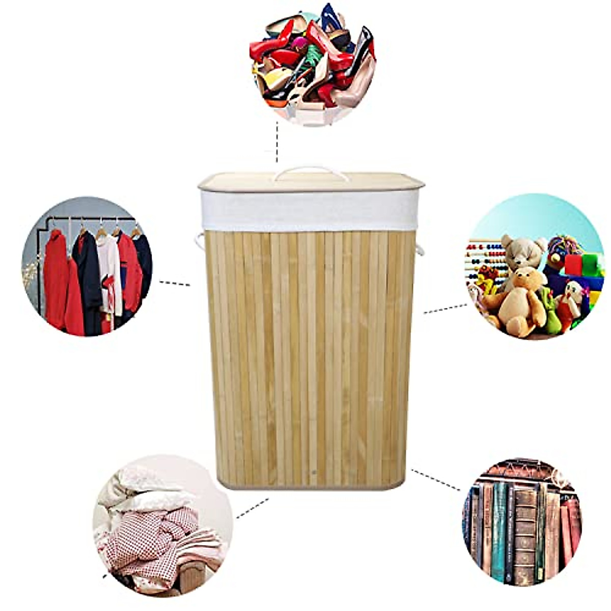 Clothes Laundry Hamper with 2 Removable Liner Bags,Handwoven Bamboo Laundry Basket with Easy Carry Handles