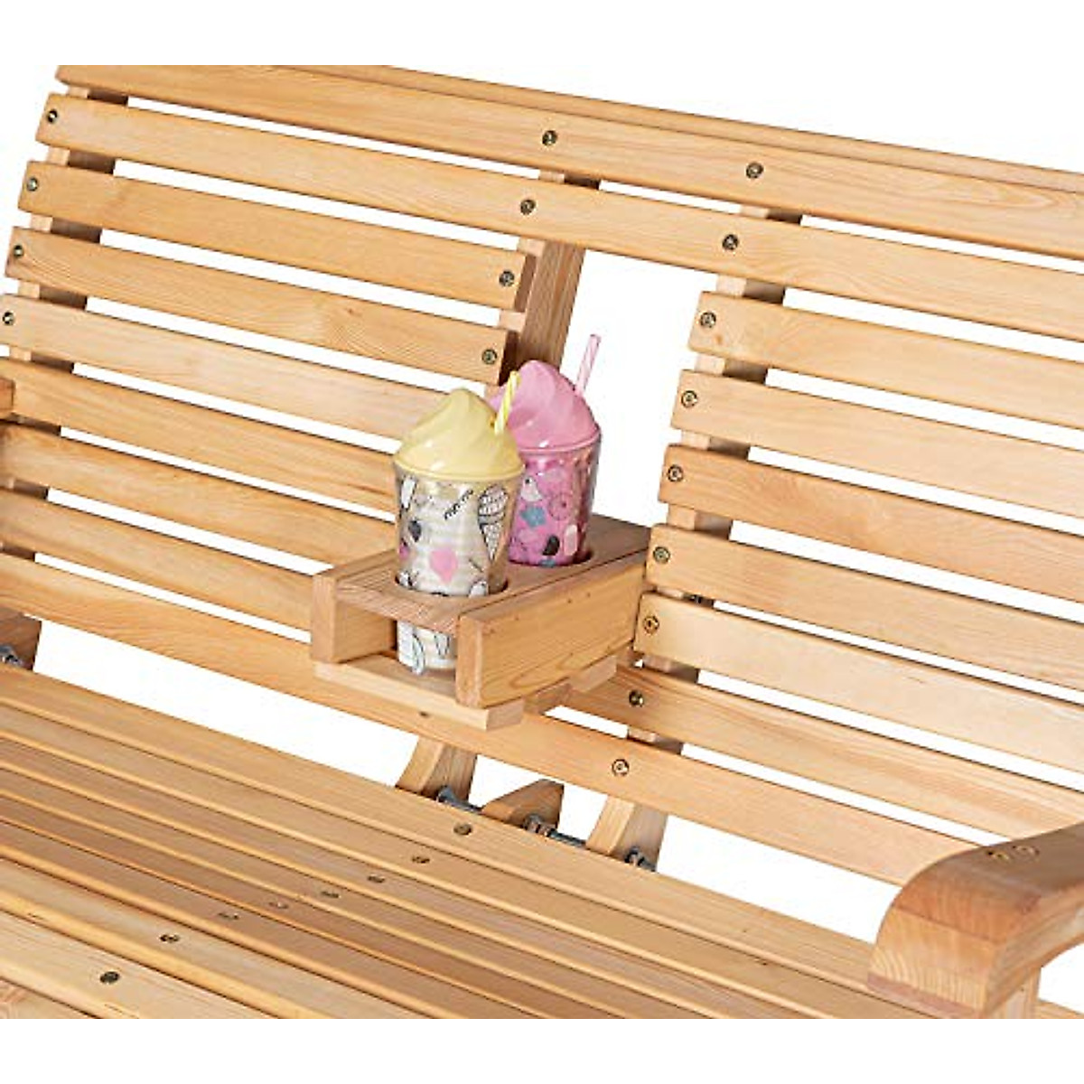 GDLF 4FT Porch Swing Chair Garden Patio Swing Bench Solid Wood Hanging Bench with Foldable Cupholder Heavy Duty Chains