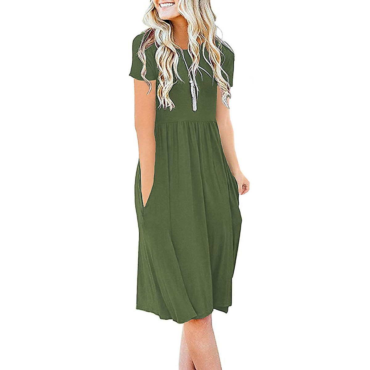 DB MOON Women Summer Casual Short Sleeve Dresses Empire Waist Dress with Pockets (Army Green, L)
