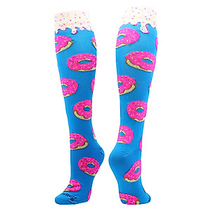 MadSportsStuff Donut Over the Calf Socks (Paradise Blue/Neon Pink, Small)