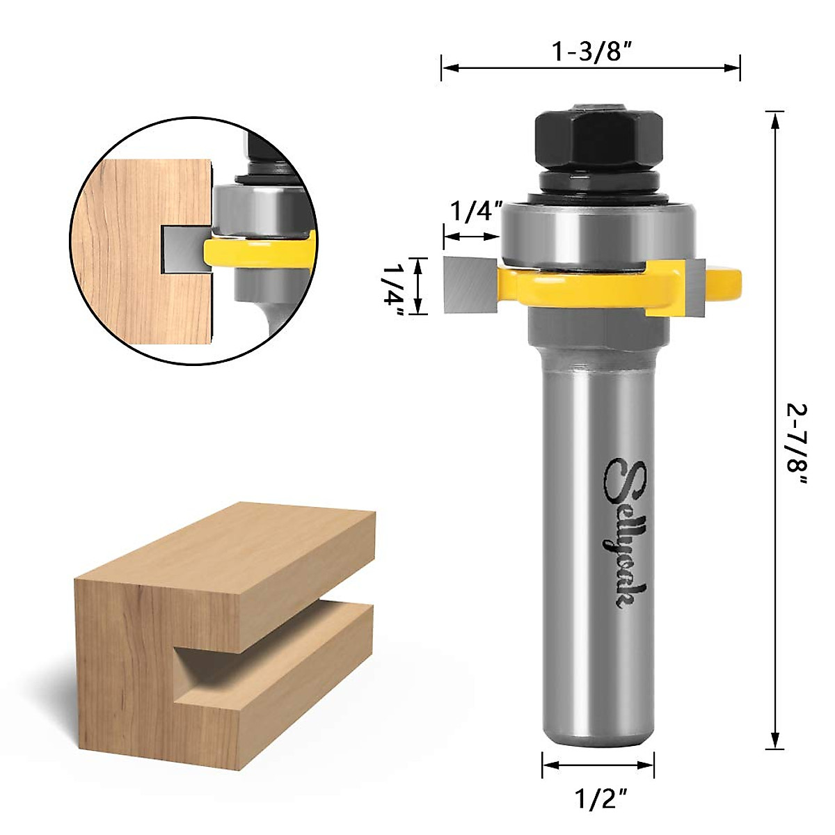 Tongue and Groove Router Bit Set 1/4 shank, SellyOak Tongue Groove Router Bit, 3 Teeth Adjustable T Shape for Doors, Drawers, Shelves & More