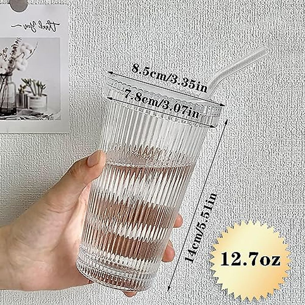 YAHUIPEIUS Glass Tumbler Stripe Glass Cup Coffee Cup With Lid and Straw Drinking Glasses for Water,Iced Coffee,Milk,Tea,Juice (A-Stripe)