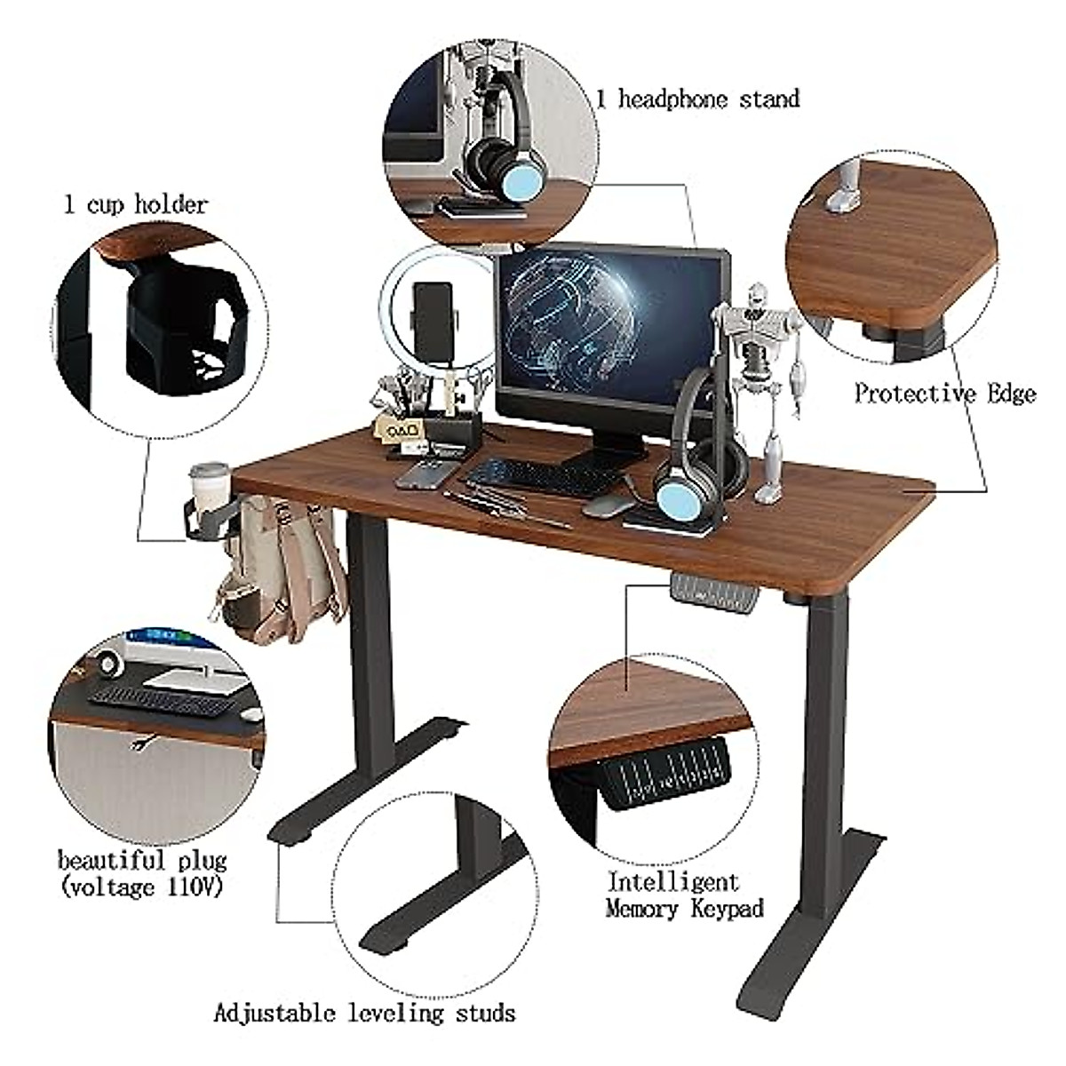 Electric Standing Desk/Standing Desk 47×24" Height Adjustable Desk/Home Office Stand Up Desk with Memory Preset Controller/ Single Motor Electric Height Adjustable Desk/Black and Rustic Brown(1 motor