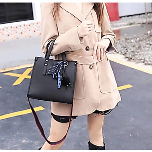 Women's Leather Hand Held Purse Satchel Tote Bag with Charms, Dual Changeable Straps