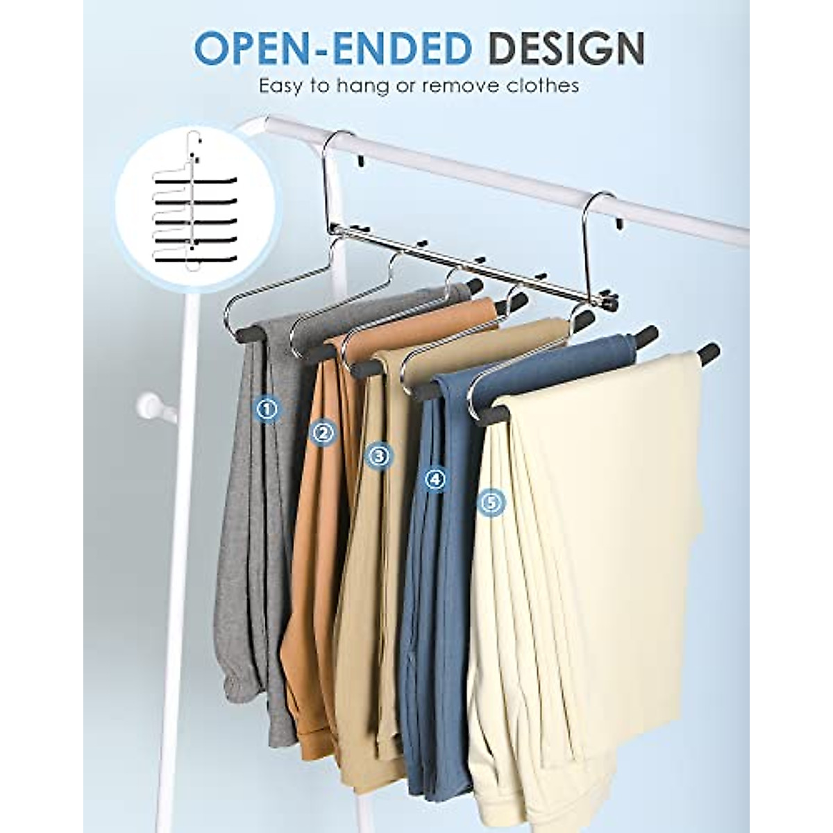 CINKSY Pants Jeans Hangers Space Saving 5 Layers Clothes Hangers with Non-Slip Foam Padded Swing Arm Trousers Hangers Heavy Duty Multi-Layer Pants Rack for Slacks Scarf - 2 Pack