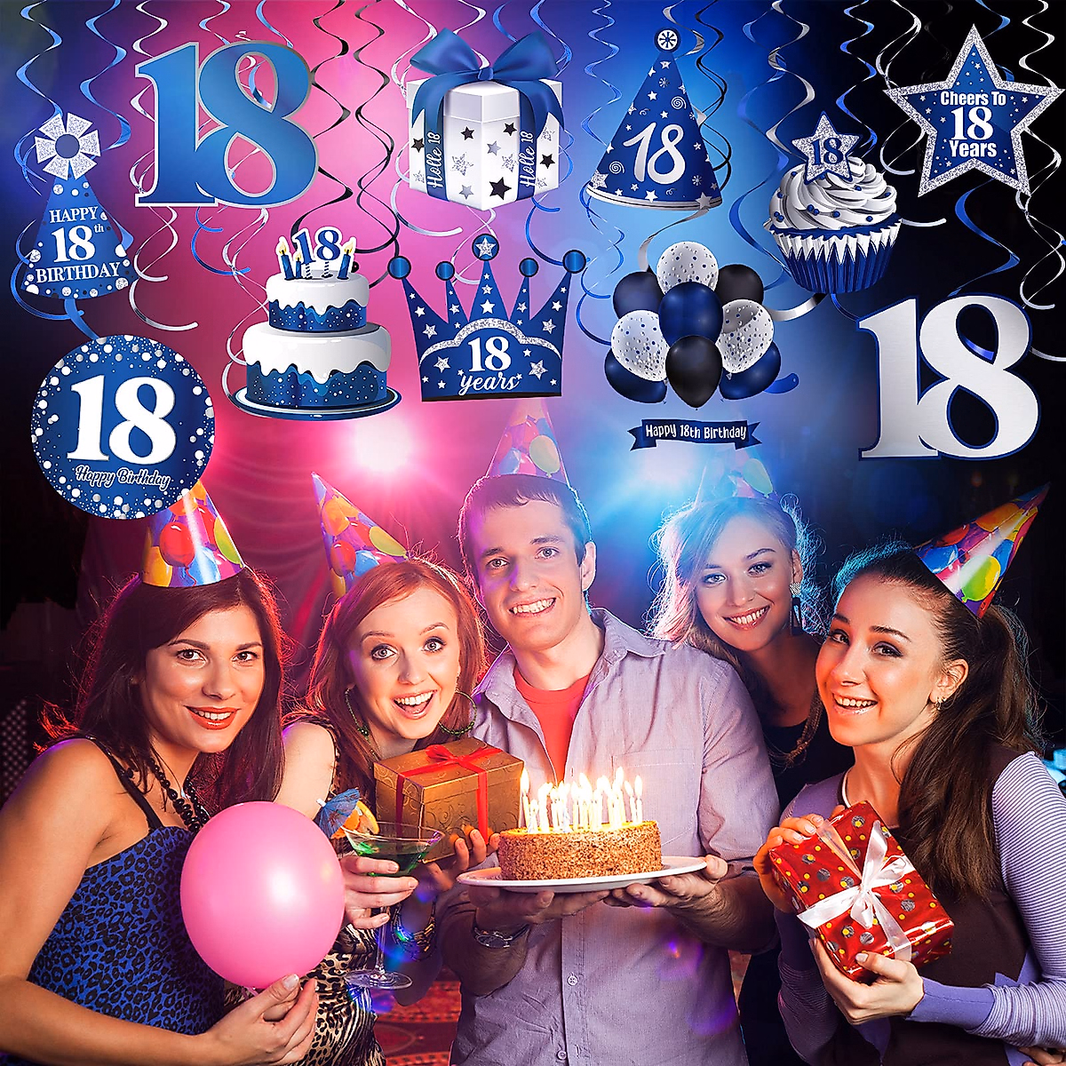 30 Pieces Happy 18th Birthday Party Hanging Swirls Decorations, Navy Blue Silver Black 18th Birthday Foil Swirls Ceiling Decor for Boy Men Cheers to 18 Years Birthday Anniversary Decorations Supplies