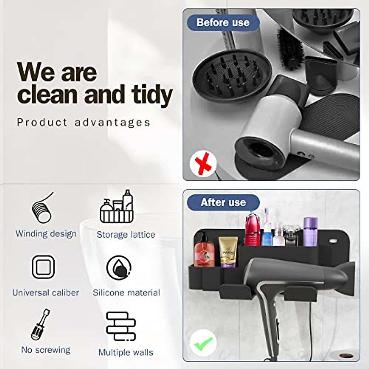 Hirolulu Self-Adhesive Hair Dryer Holder Drill-Free Removable Wall Mounted Multi-Func Blow Dryer Holder for Bathroom Salon, Hair Dryer Rack & Styling Care Tool Organizer Storage Basket, Morden Black