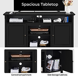 Yaheetech Black TV Stand with Doors for TVs up to 65 in, Modern TV Console with Power Outlet & Storage Shelf, Mid-Century Entertainment Center for Living Room, 31 in Tall