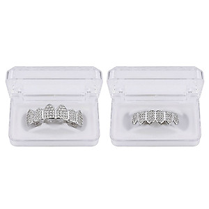 JINAO Diamond Grillz 18K Gold Plated Grills for Your Teeth Macro Pave CZ Iced Out Grill for Men Women With Extra Molding Bars Included (Silver set)
