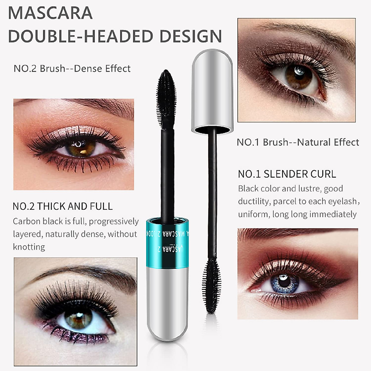 2 Pack Lash Cosmetics Mascara 5x Longer Lash Mascara, 2 in 1 Black Mascara Waterproof Mascara Volume and Length Eye Cosmetics Long-Lasting Natural Liquid Eyelash Mascara Black Makeup