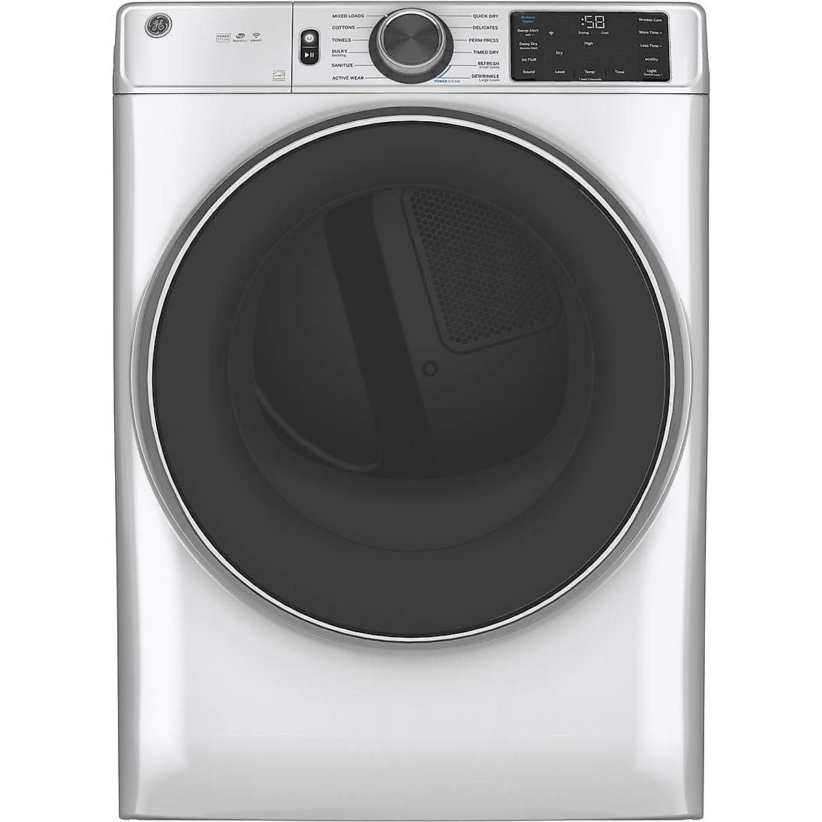 GE GFD65GSSNWW 28" Front Load Gas Dryer with 7.8 cu. ft. Capacity Powersteam Built-in WiFi Sanitize Cycle and Vent Sensor in White