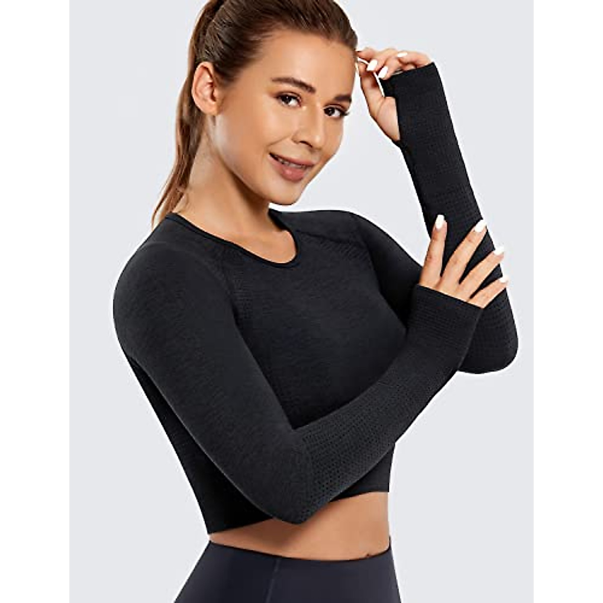 VANTONIA Women's Seamless Long Sleeve Crop Top Cute Workout Yoga Top Breathable Sports Running Gym Shirts with Thumb Holes Dark Black Marl X-Large