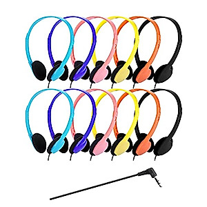 QWERDF Bulk Headphones 12 Packs Classroom Headphones Student On Over Ear Earbuds for School in Individual Bags (12 Packs, 6 Colors)