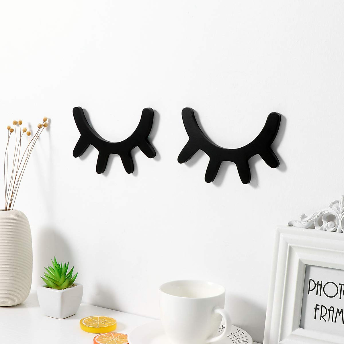 SEWACC 1 Pair Sleepy Eyes Wall Decor Wooden Eyelash Wall Stickers Wall Decal Decoration for for Nursery Baby Room Kids Bedroom Wall Art (Black)