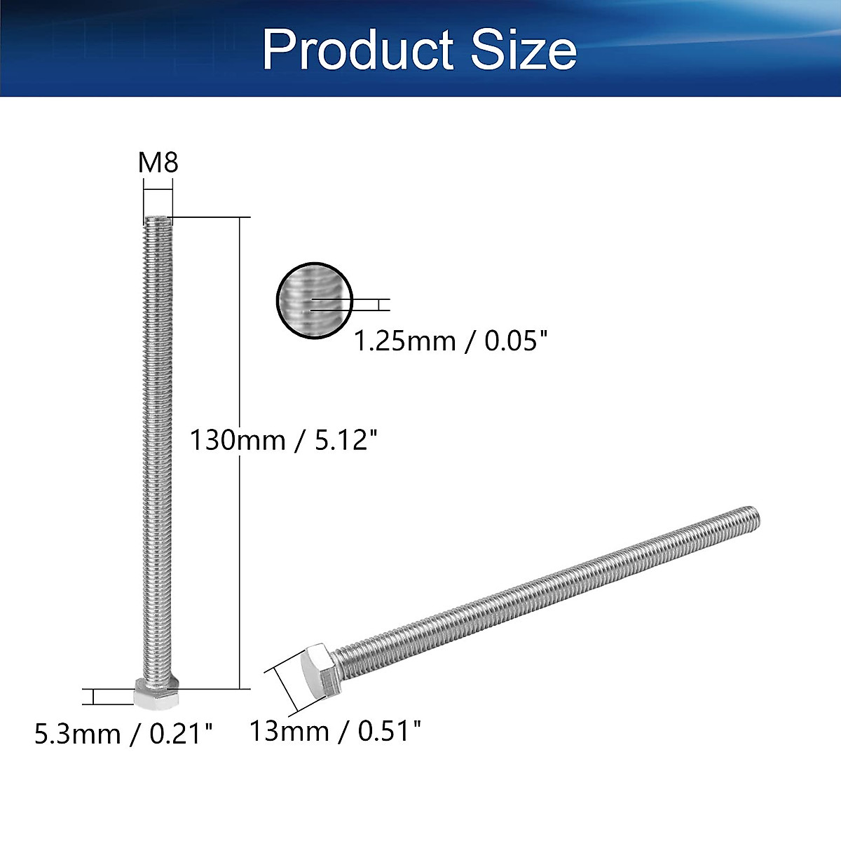 Yinpecly M8 Hex Bolt M8-1.25 x 130mm UNC Hex Head Screw Bolts 304 Stainless Steel Fully Threaded Hex Tap Bolts 5pcs