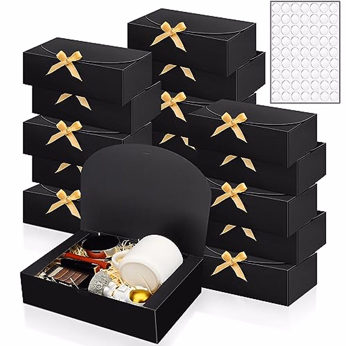 SWANGSA 16 Set Gift Boxes with Lids, 10.6''x8''x3'' Black Kraft Paper Gift Boxes For Presents, Bridesmaid Proposal Box with Ribbon and 70pcs Adhesive Dots,for Wedding, Packaging, Present, Birthday, Cupcake Boxes