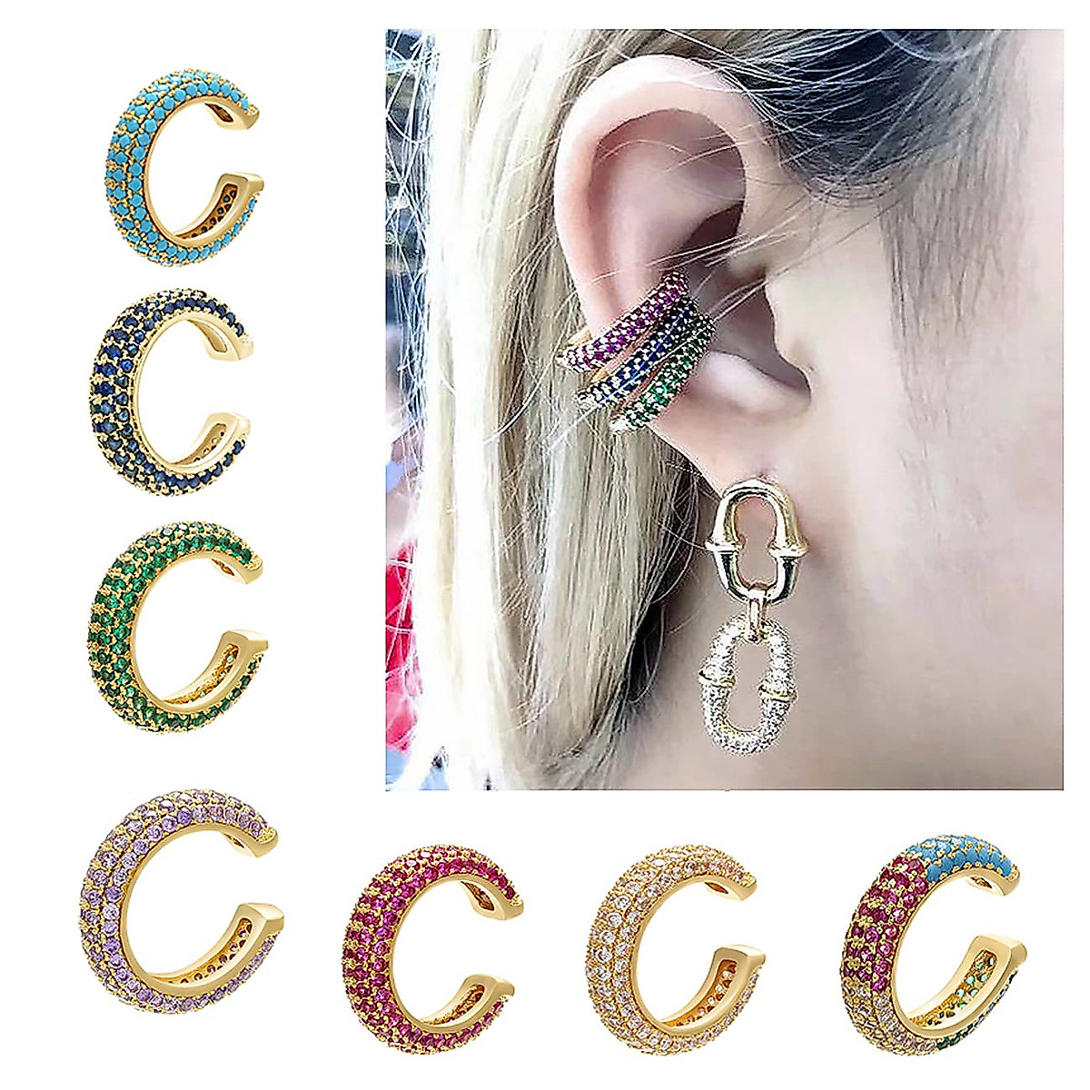 AnnBabic Ear Cuffs for Women - CZ Paved Hoop Conch Cuff Earrings for Ladies Men - Sparkle Rhinestones Clip On Wrap Earrings Non Pierced