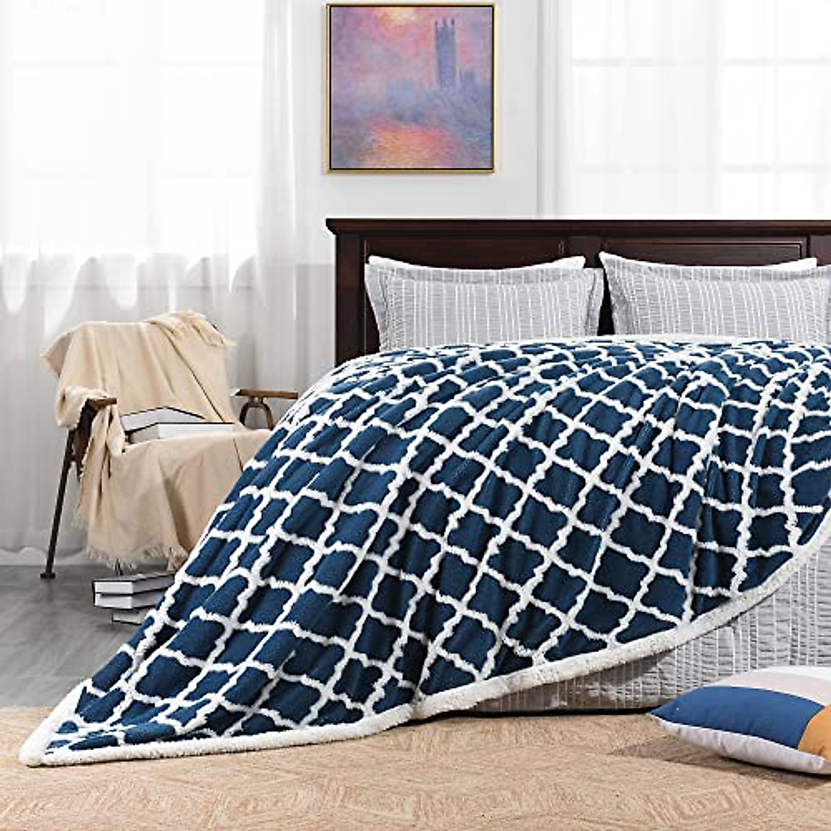 Basic Beyond Fleece Sherpa Throw Blanket - Soft Cozy Navy Blue Throw Blanket with 3D Jacquard Design for Couch,Bed,Travel,Camping,Navy Blue,50"x60"